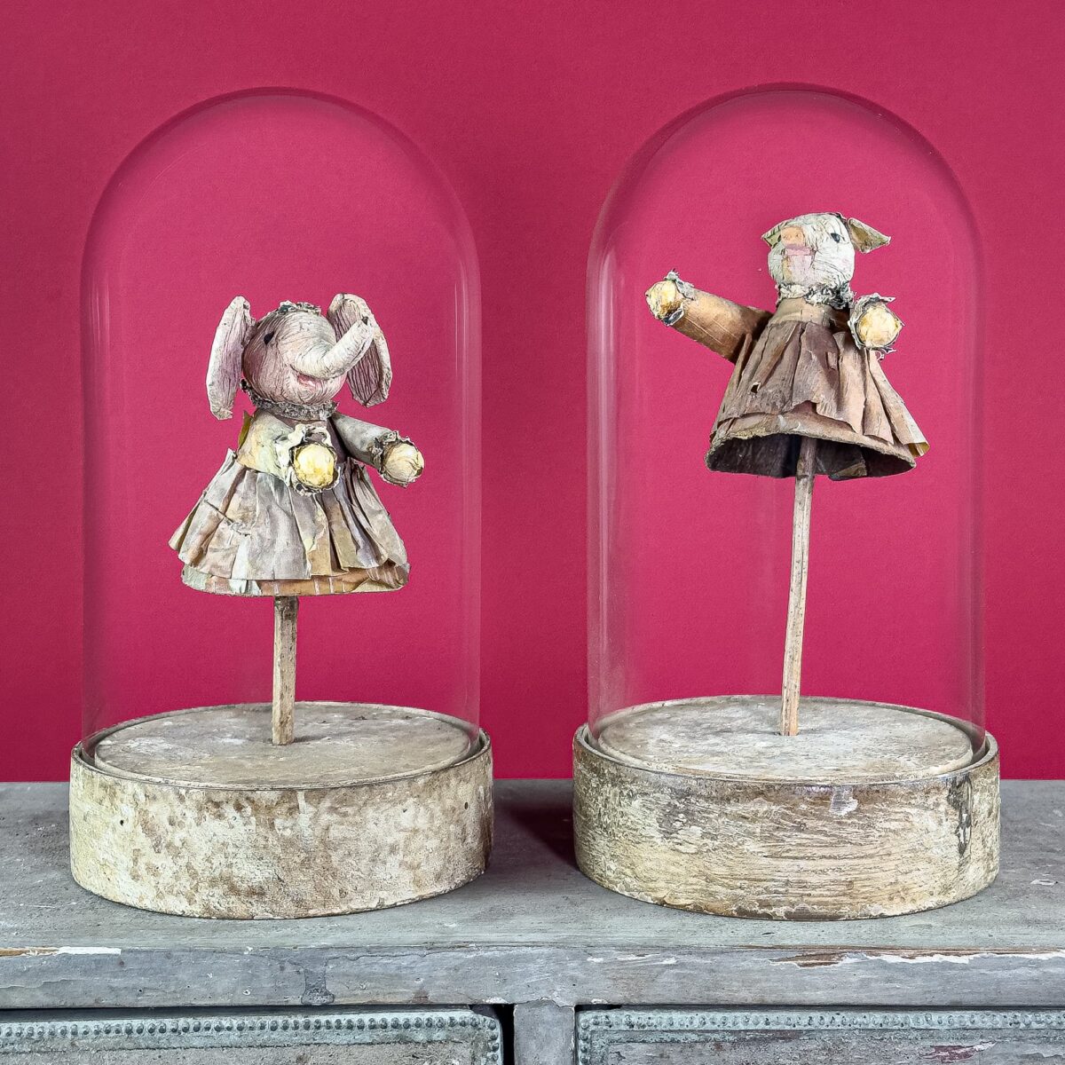 Pair of Early 19th-Century Puppets (Elephant & Pig) – Under Glass Domes ...